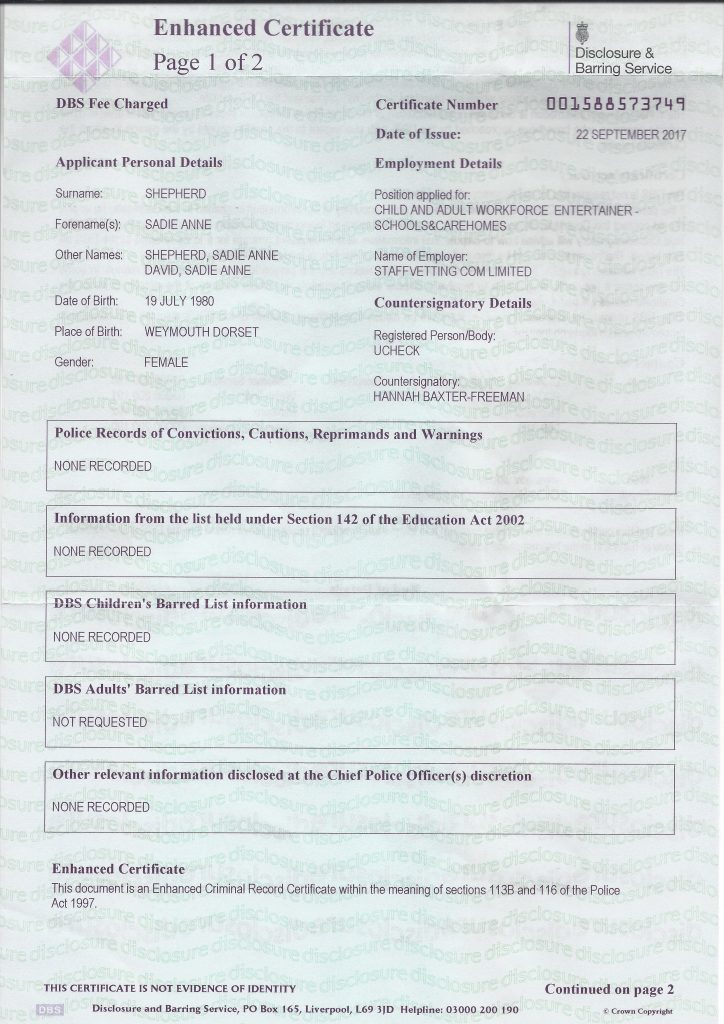 Disclosure and Barring Service Certificate - Feathers and Fur