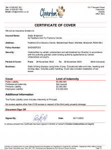 Public Liability Certificate - Feathers and Fur